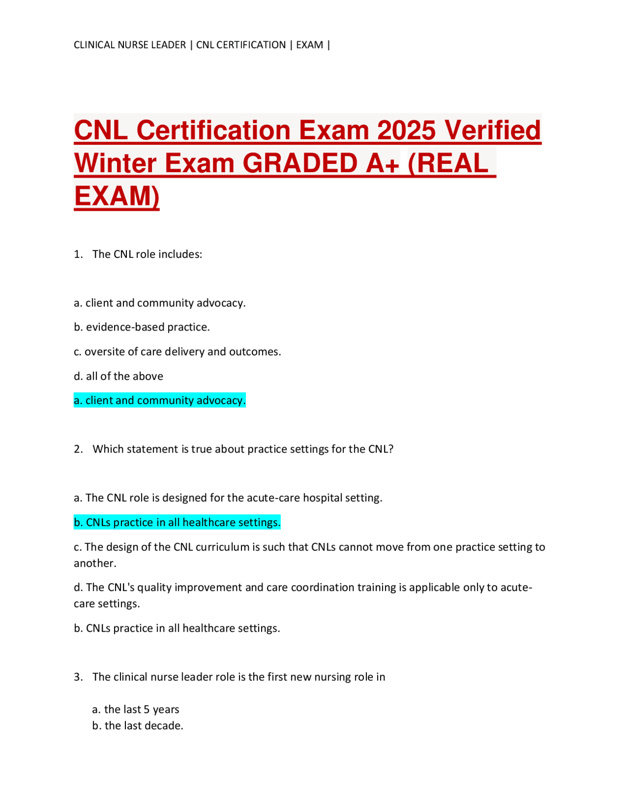 CNL Certification Exam: Practice Questions and Answers | Exams Clinical ...