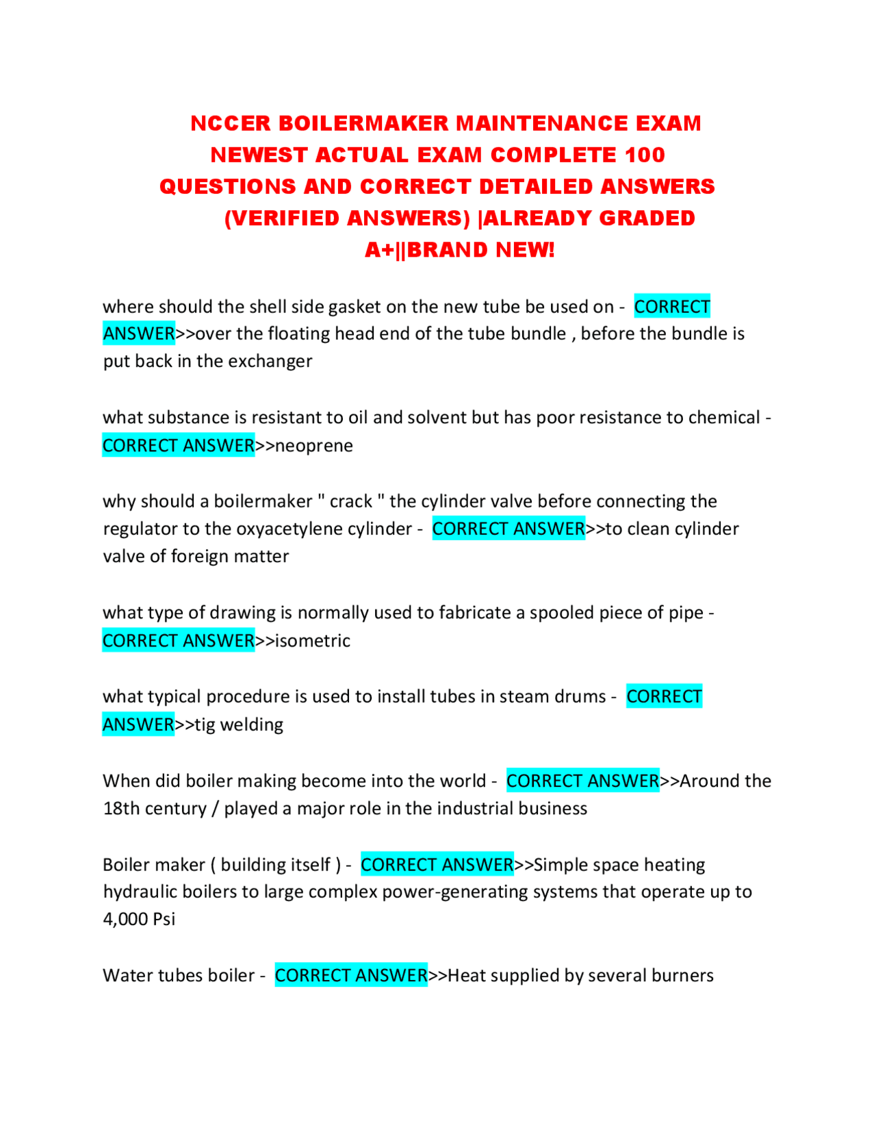 NCCER BOILERMAKER MAINTENANCE EXAM NEWEST ACTUAL EXAM COMPLETE 100 QUESTIONS AND CORRECT | Exams ...