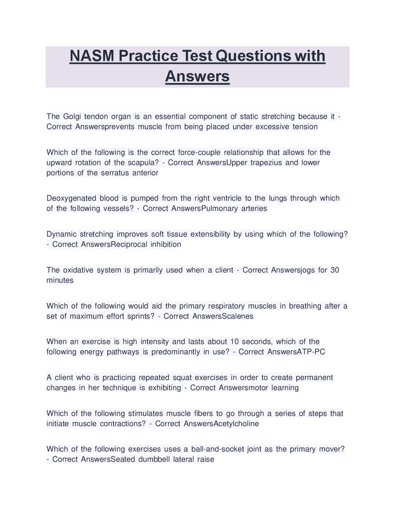 NASM Practice Test Questions with Answers | Exams Nursing | Docsity