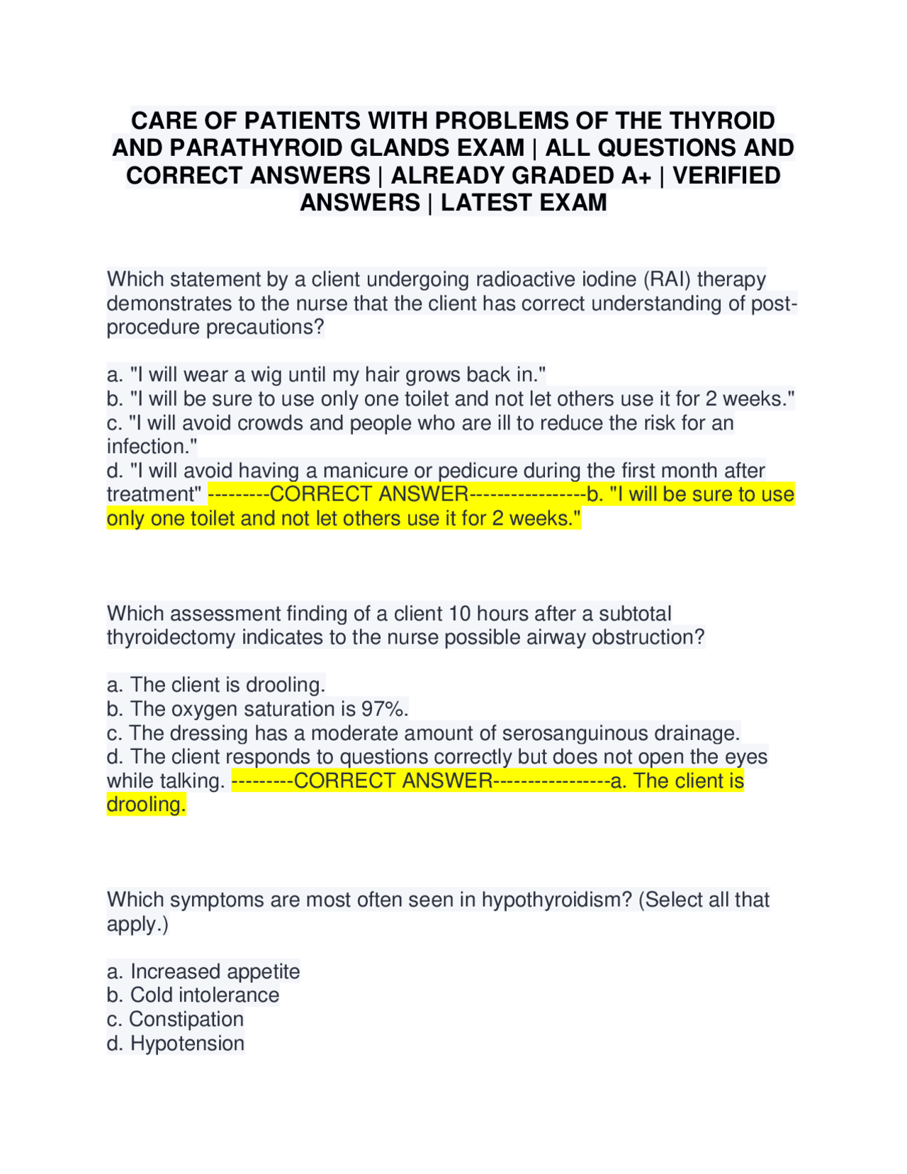 Thyroid and Parathyroid Glands Exam: Multiple Choice Questions and ...