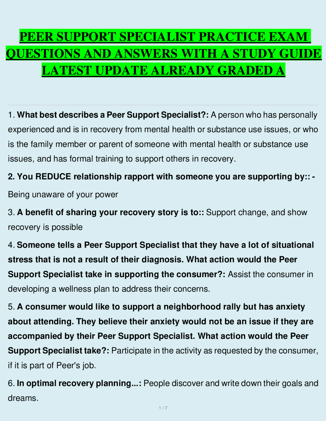PEER SUPPORT SPECIALIST PRACTICE EXAM QUESTIONS AND ANSWERS WITH A ...