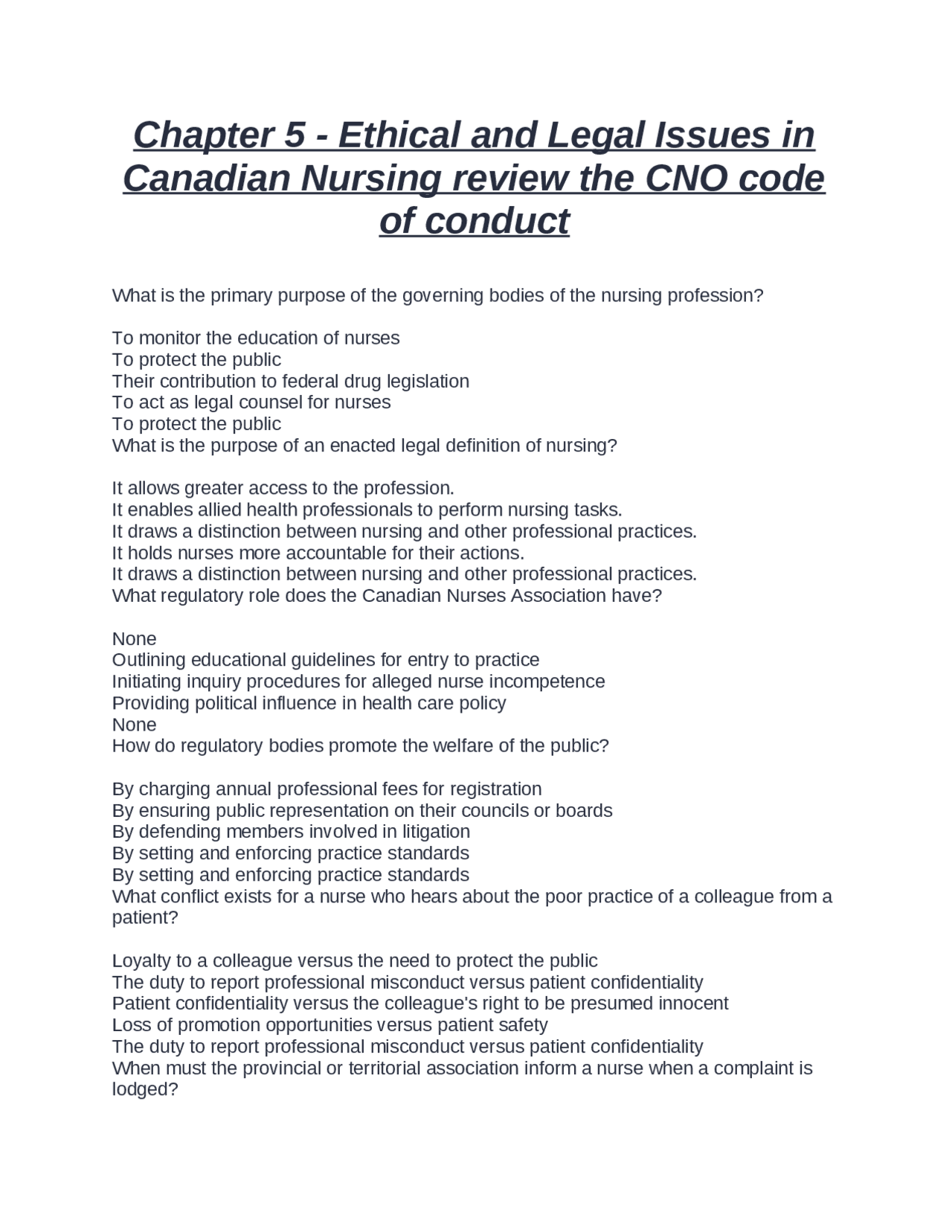 Chapter 5 - Ethical and Legal Issues in Canadian Nursing review the CNO code of conduct | Exams ...