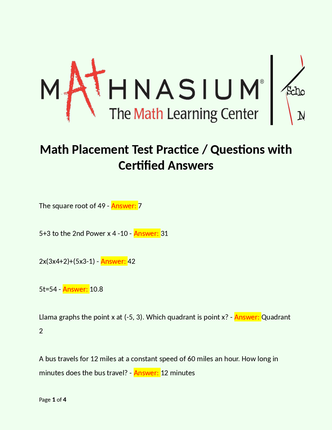 Math Placement Test Practice / Questions with Certified Answers | Exams ...