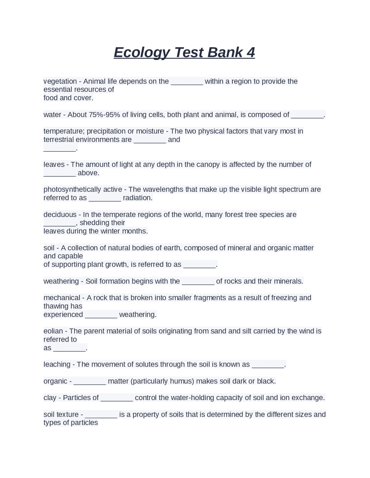 Ecology Test Bank 4 study guide | Exams Advanced Education | Docsity