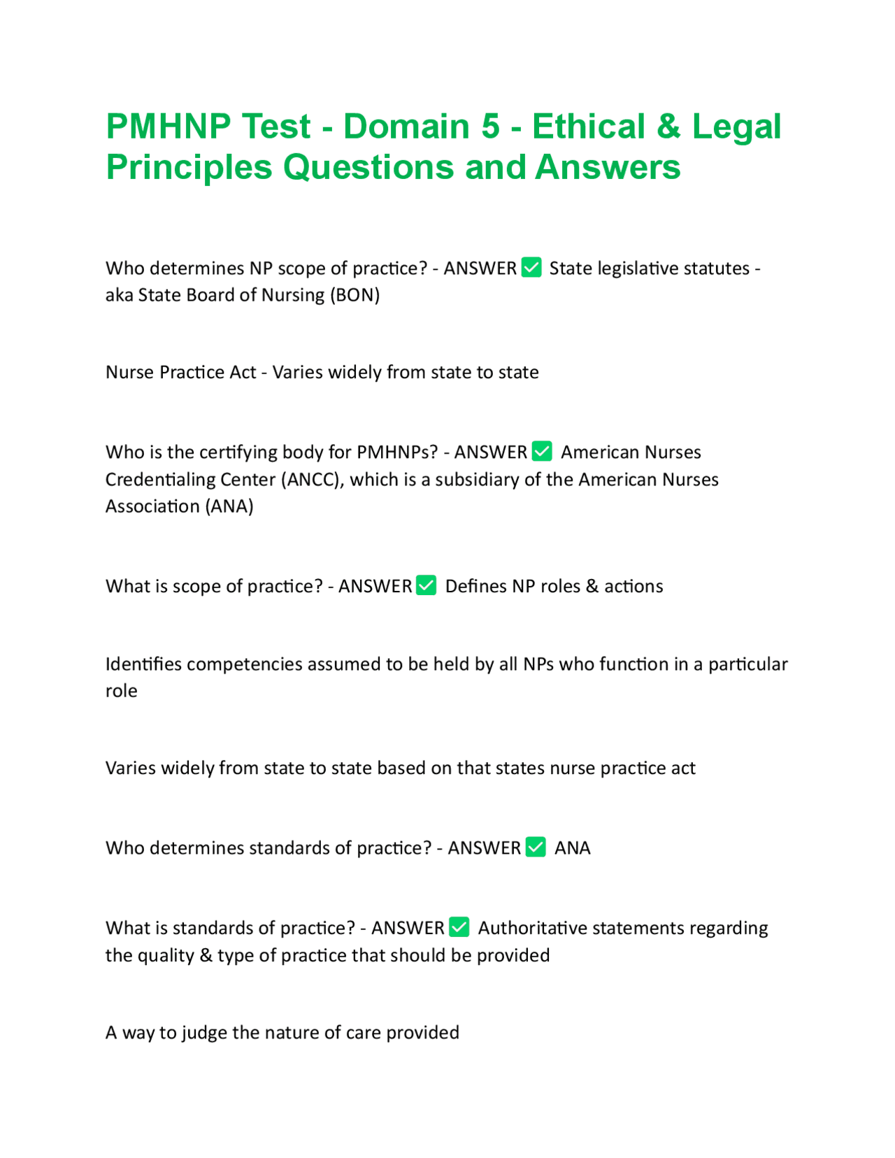 PMHNP Test - Domain 5: Ethical & Legal Principles - Questions and ...