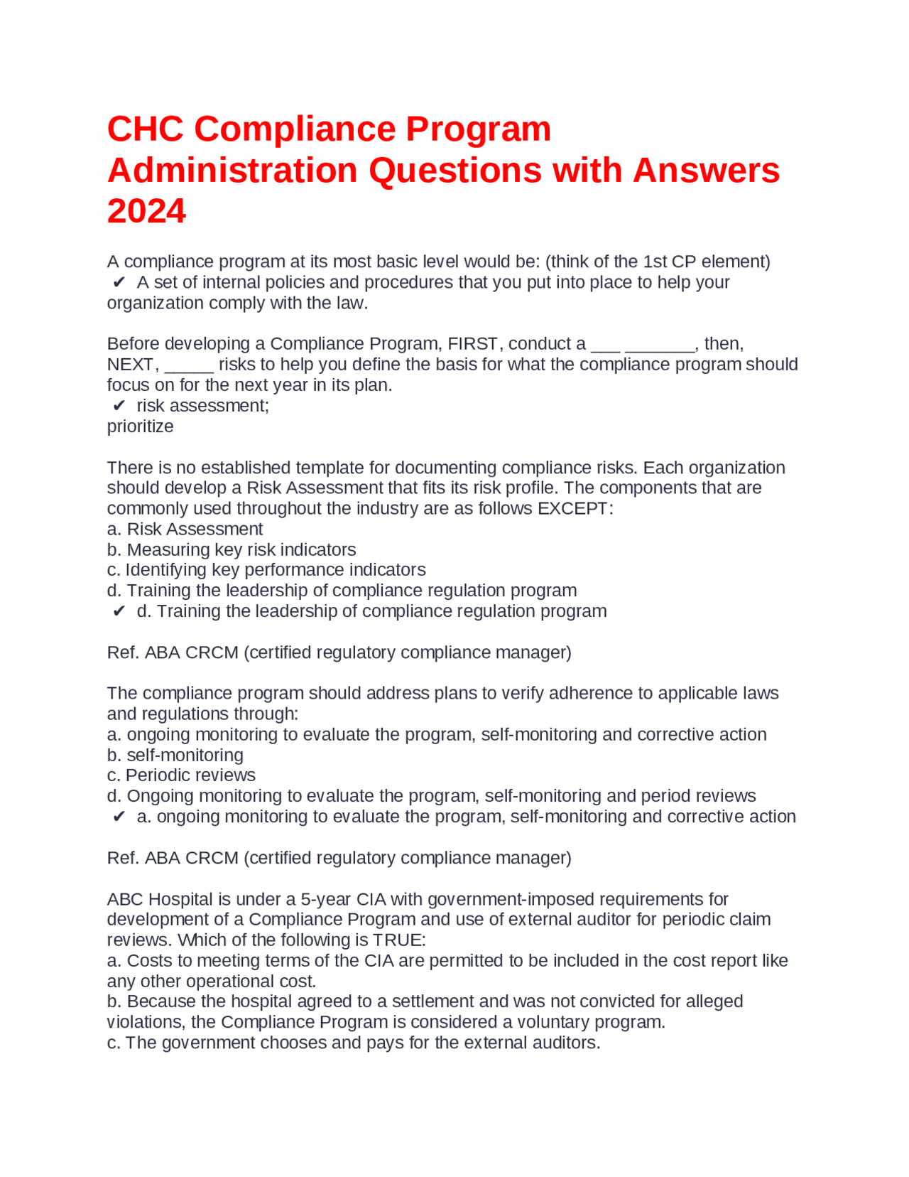 CHC Compliance Program Administration Questions with Answers 2024 ...