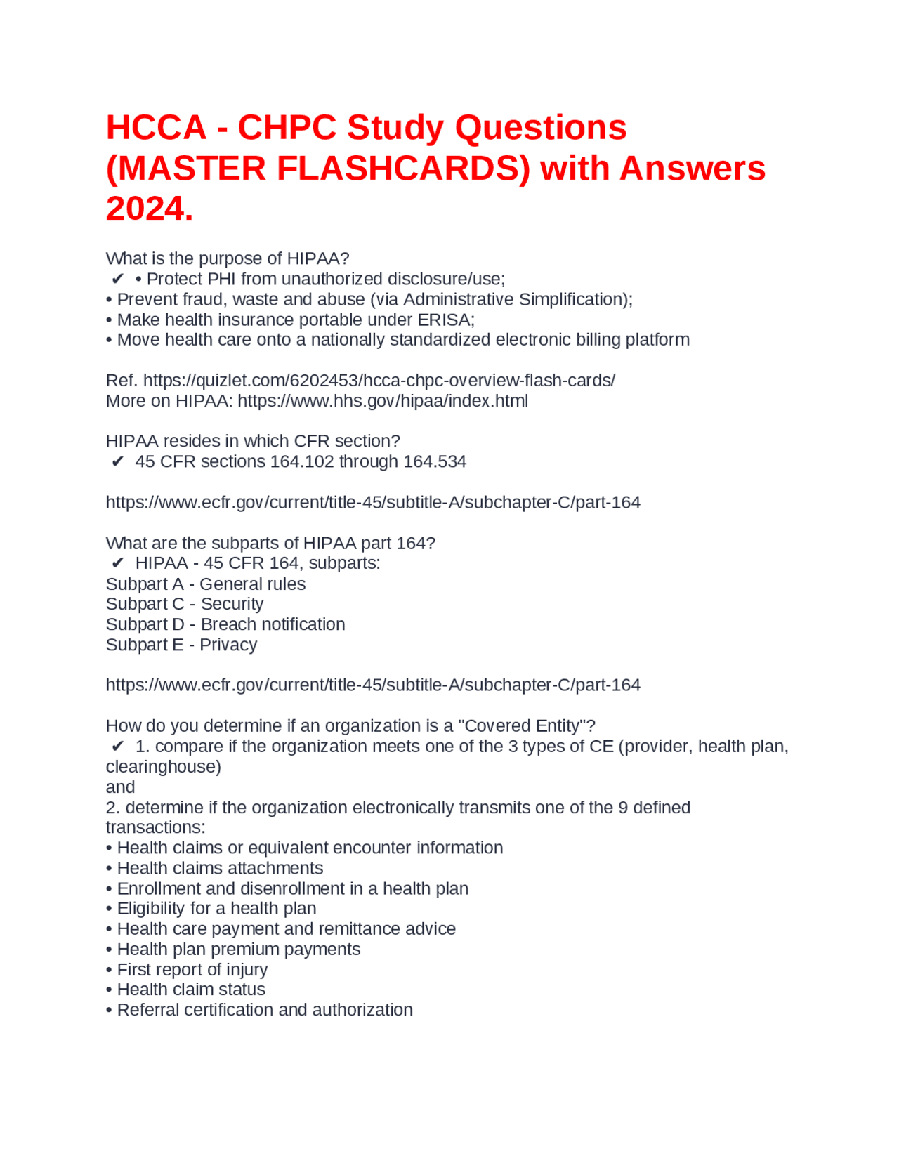HCCA - CHPC Study Questions (MASTER FLASHCARDS) with Answers 2024 ...