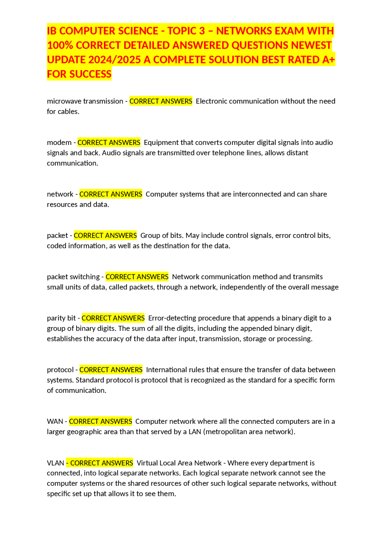 IB COMPUTER SCIENCE - TOPIC 3 – NETWORKS EXAM WITH 100% CORRECT DETAILED ANSWERED QUESTION ...