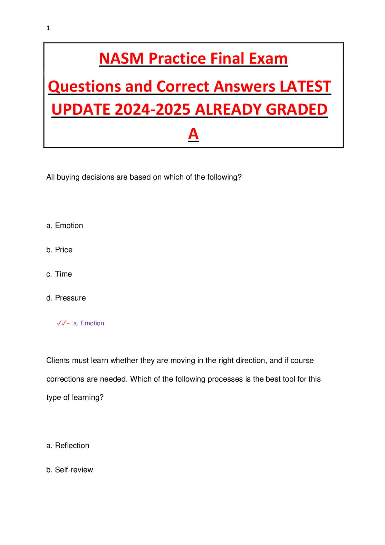 NASM Practice Final Exam: Questions and Answers | Exams Nursing | Docsity