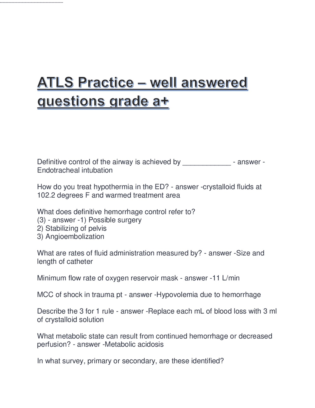 ATLS practice questions + verified solutions | Exams Nursing | Docsity
