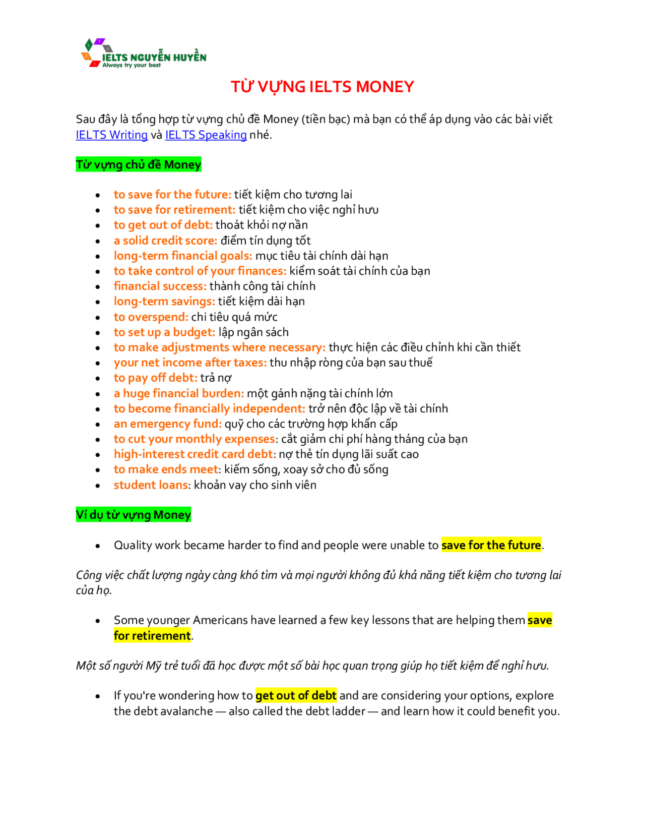 vocabulary about the topic money in ielts | Cheat Sheet English ...