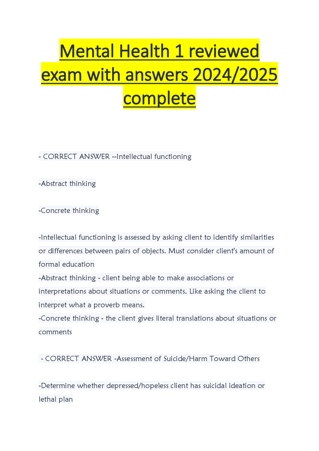Mental Health 1 reviewed exam with answers 2024/2025 complete | Exams ...