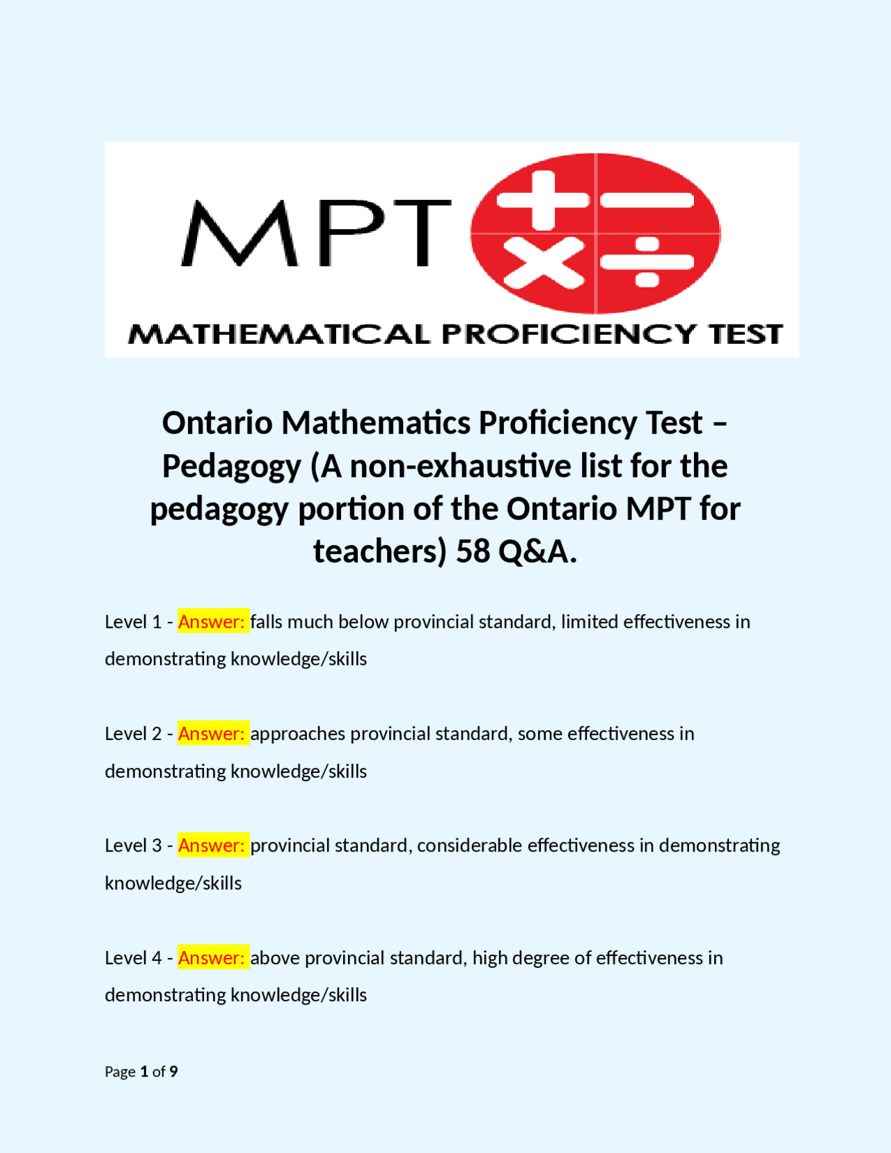 Ontario Mathematics Proficiency Test – Pedagogy (A non-exhaustive list ...
