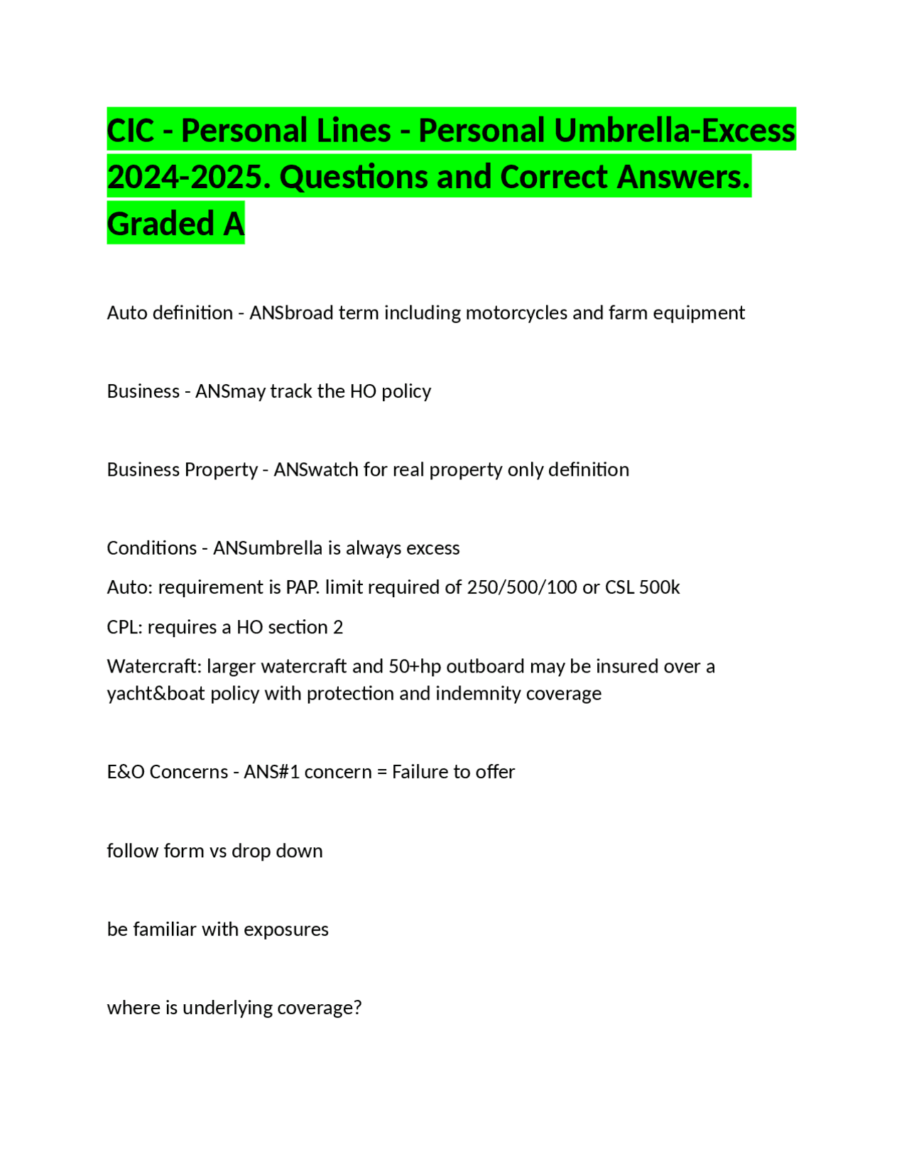 CIC - Personal Lines - Personal Umbrella-Excess 2024-2025. Questions ...