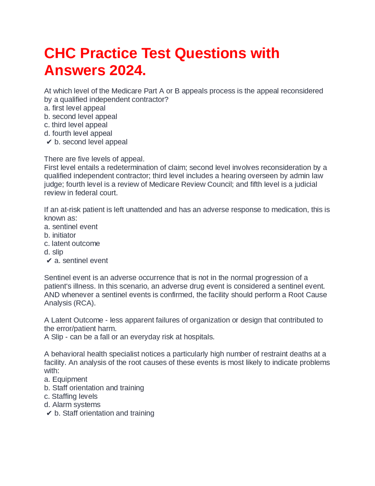 CHC Practice Test Questions with Answers 2024. | Exams Medicine | Docsity