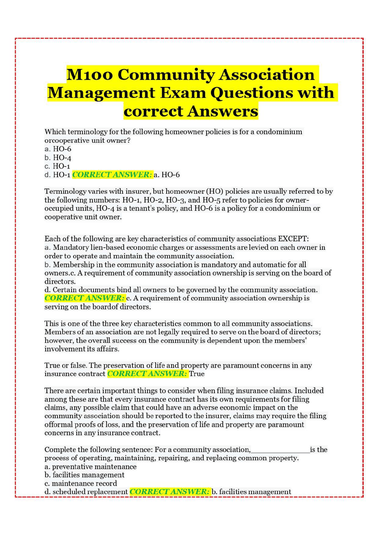 M100 Community Association Management Exam Questions With Correct