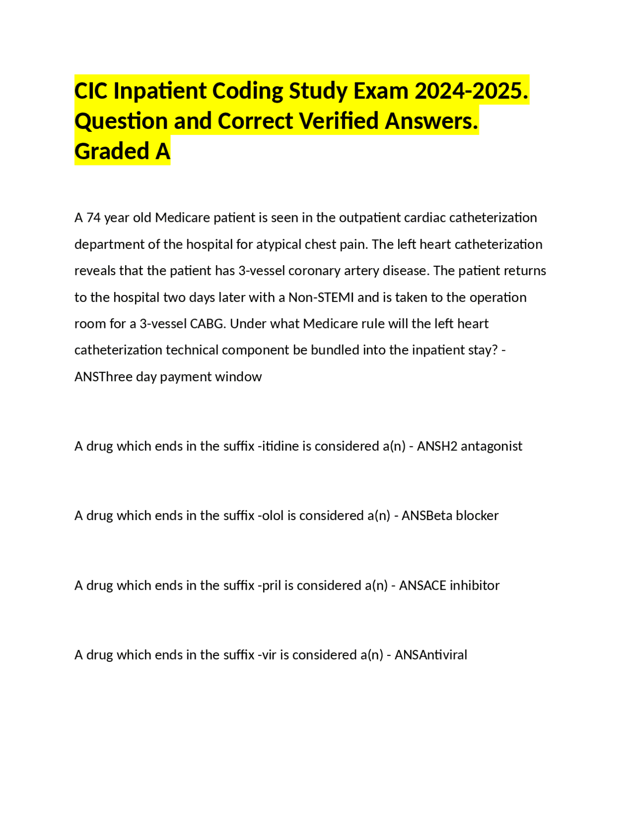 CIC Inpatient Coding Study Exam 2024-2025: Questions and Answers | Exams Insurance law | Docsity