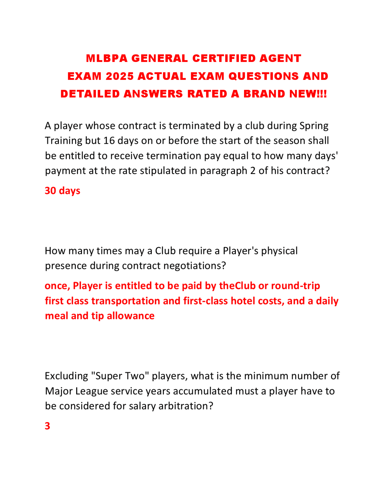 MLBPA GENERAL CERTIFIED AGENT EXAM 2025 ACTUAL EXAM QUESTIONS AND ...