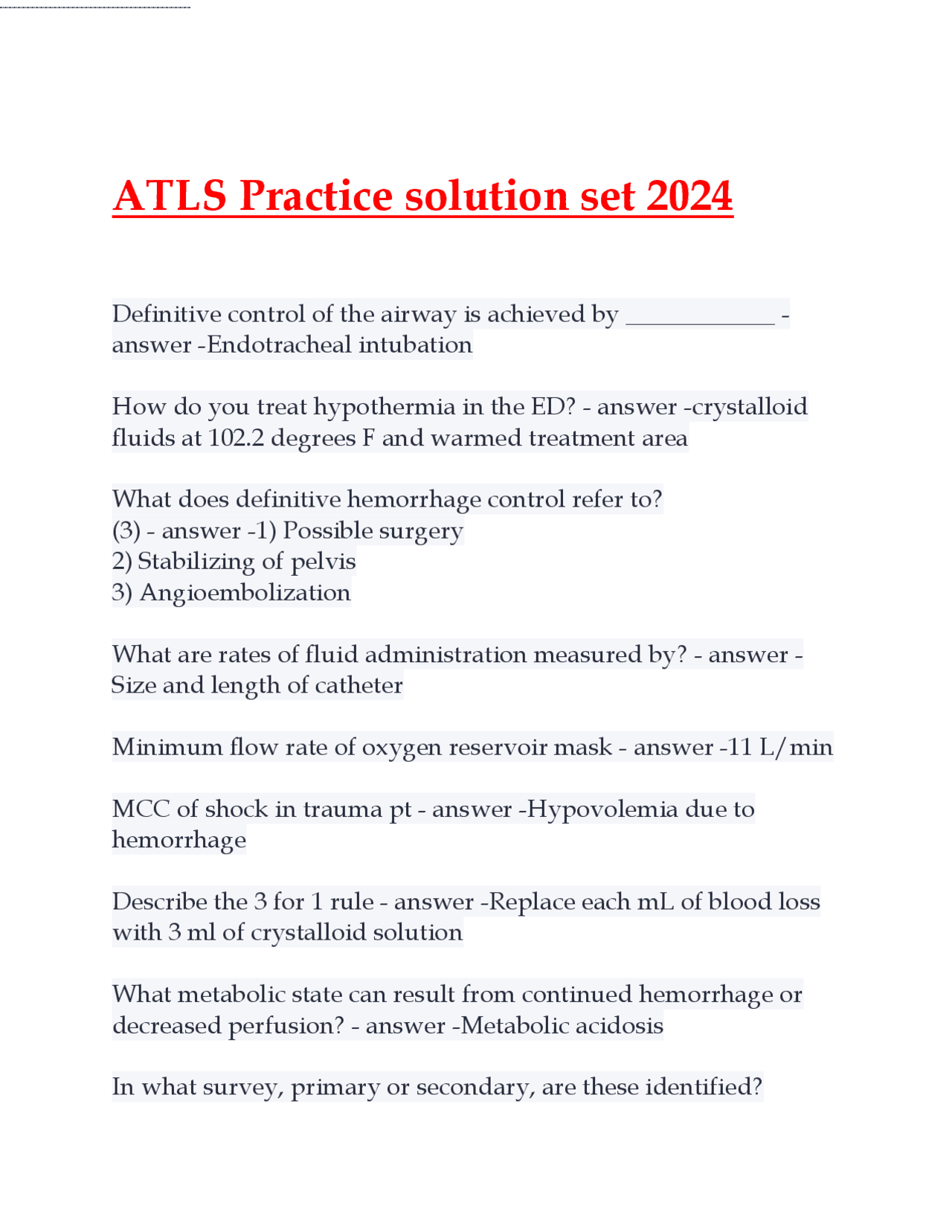 ATLS Practice solution set 2024.pdf | Exams Nursing | Docsity