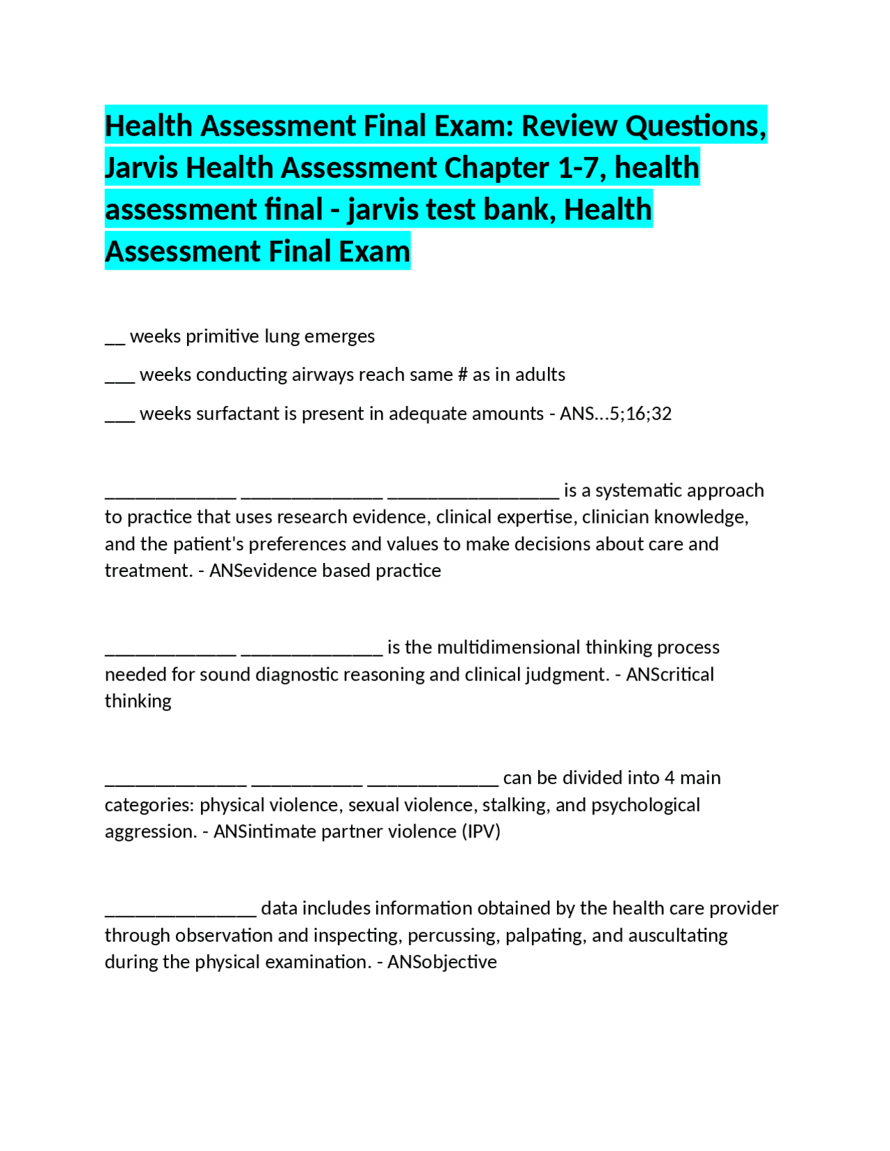 Health Assessment Final Exam: Review Questions, Jarvis Health Assessment Chapter 1-7, | Exams ...