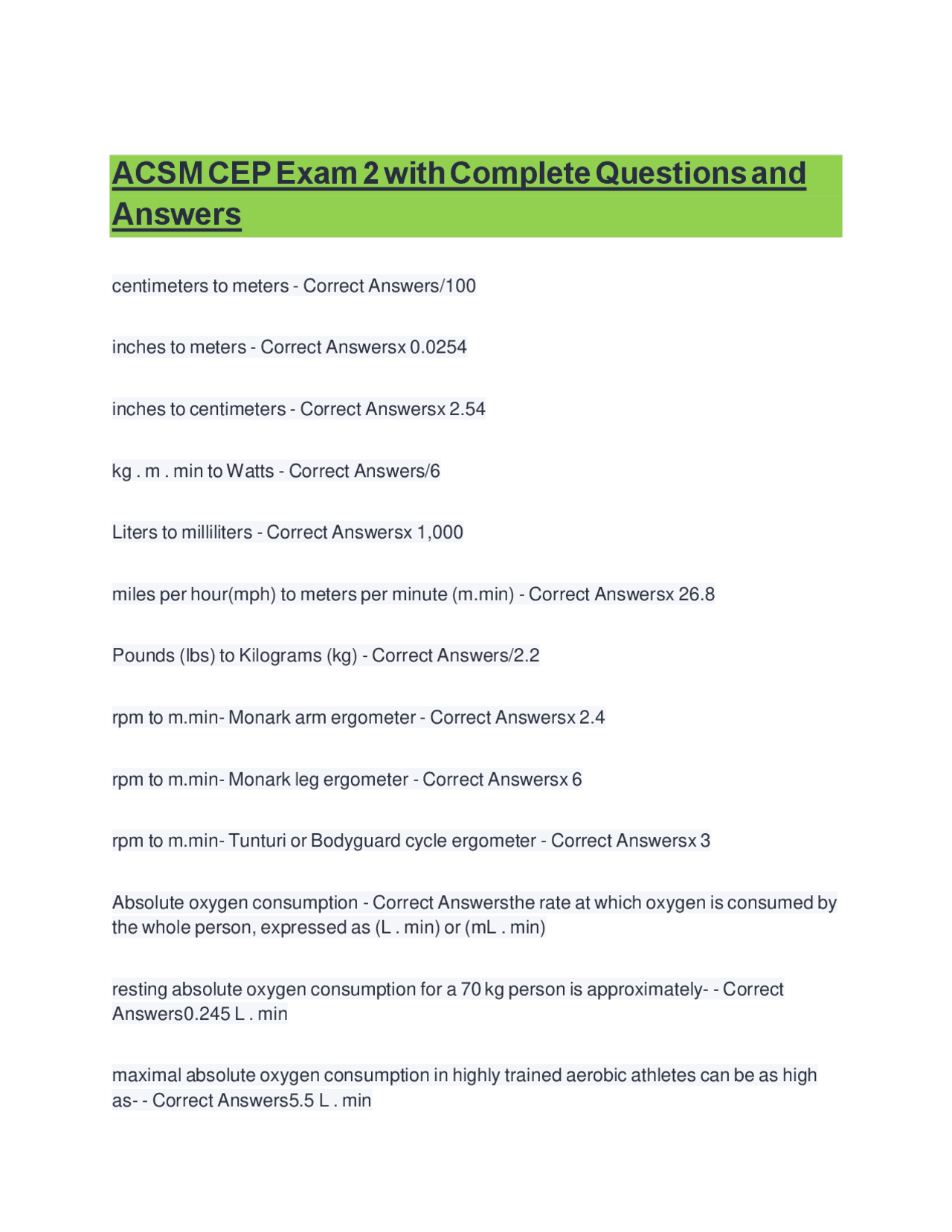ACSM CEP Exam 2 with Complete Questions and Answers | Exams Nursing ...