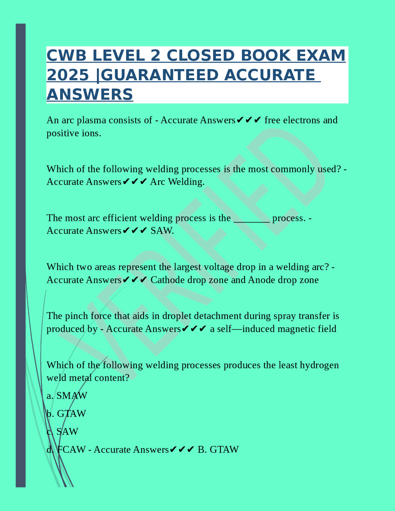 CWB LEVEL 2 CLOSED BOOK EXAM 2025 |GUARANTEED ACCURATE ANSWERS | Exams ...