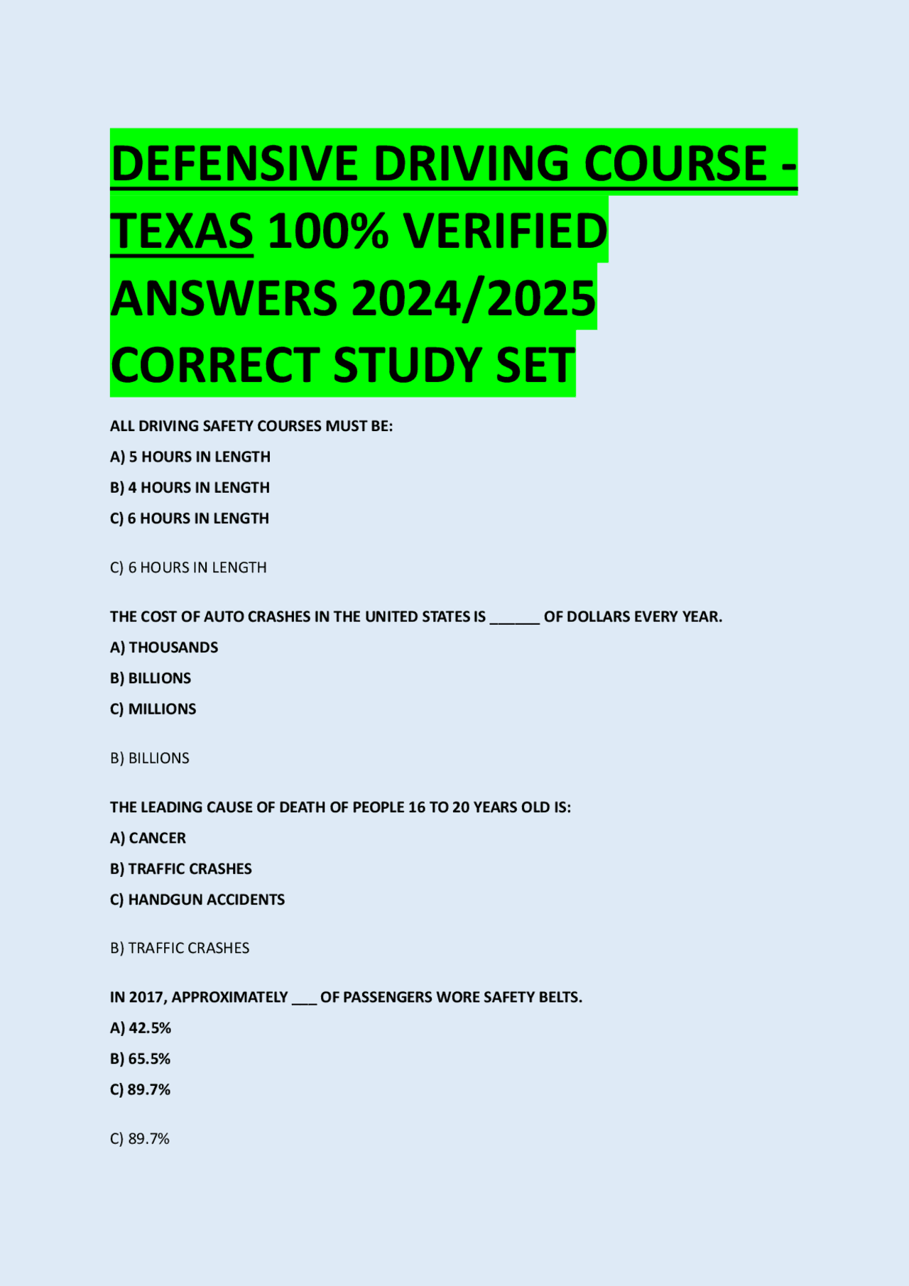 DEFENSIVE DRIVING COURSE - TEXAS 100% VERIFIED ANSWERS 2024/2025 CORRECT STUDY SET | Exams ...