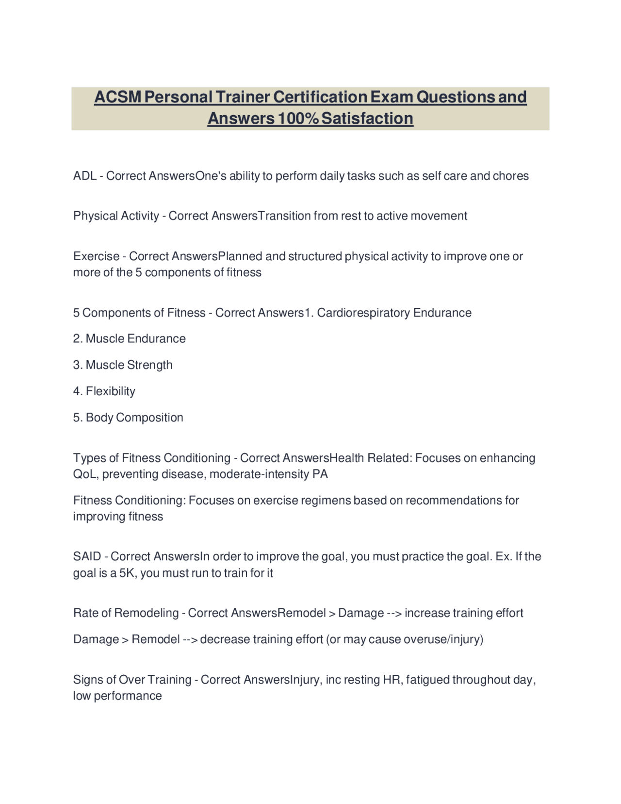 ACSM Personal Trainer Certification Exam Questions and Answers | Exams ...