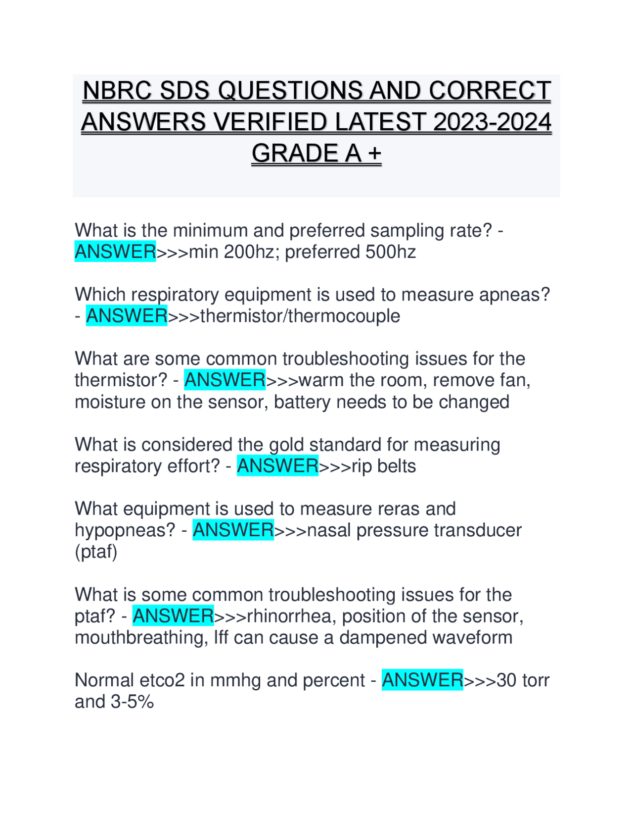 NBRC SDS QUESTIONS AND CORRECT ANSWERS VERIFIED LATEST 2023-2024 GRADE ...