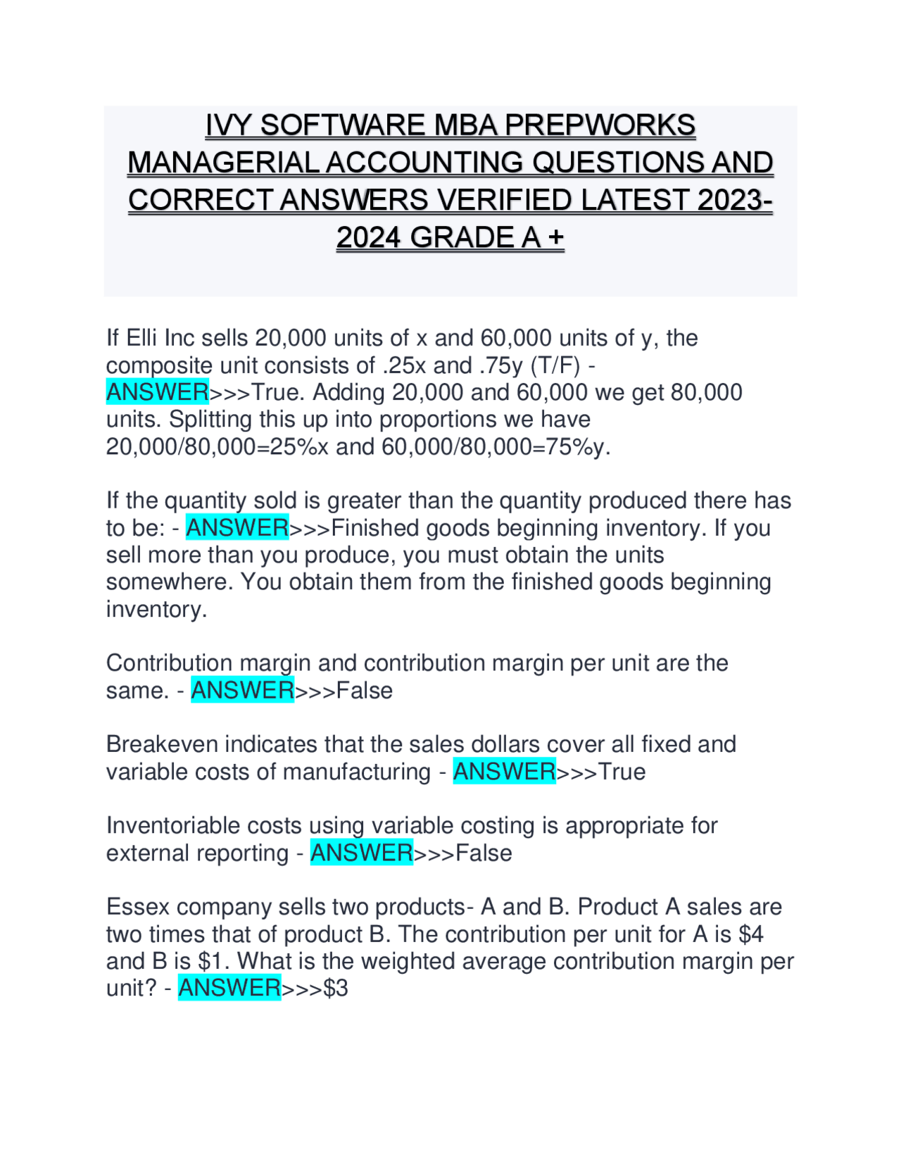 IVY SOFTWARE MBA PREPWORKS MANAGERIAL ACCOUNTING QUESTIONS AND CORRECT ...