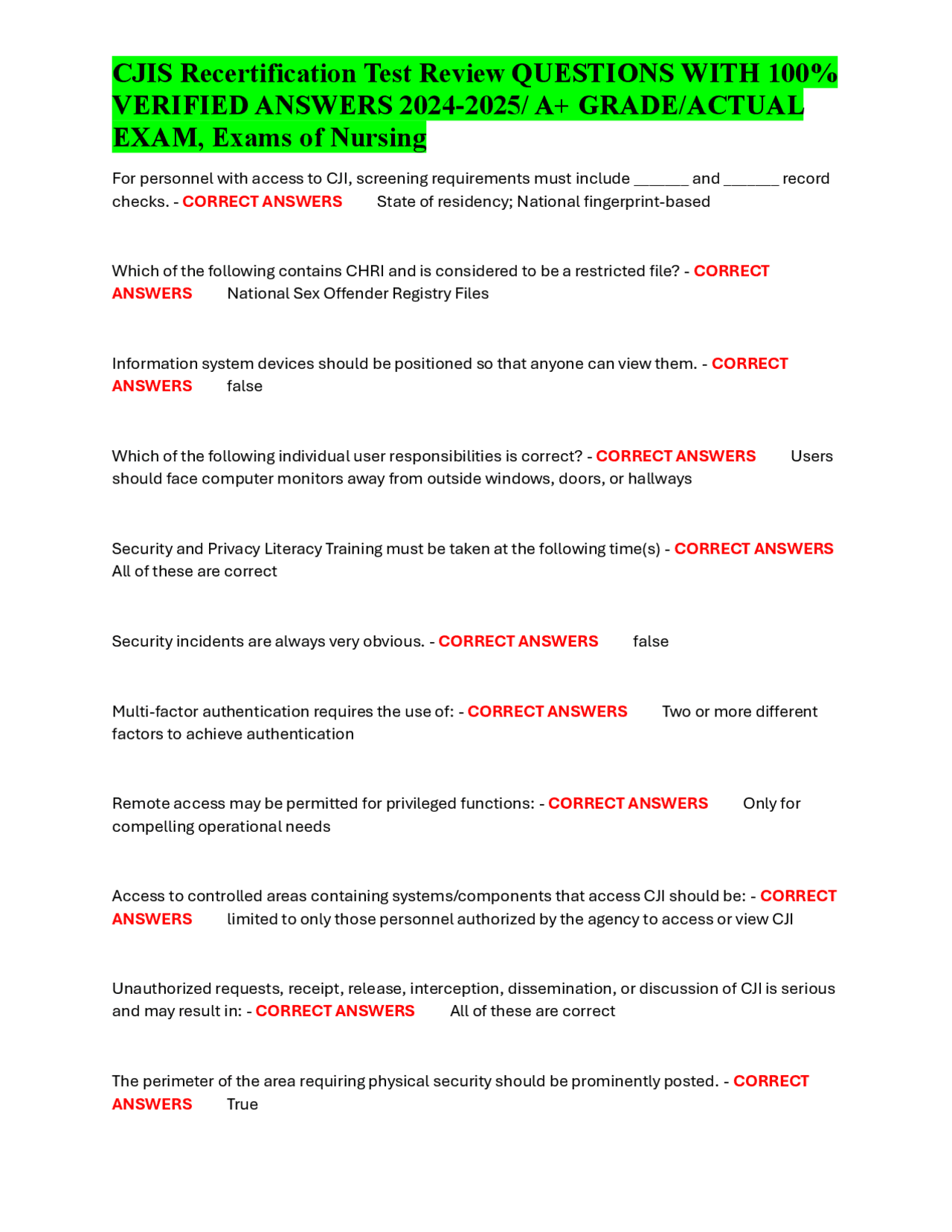 CJIS Recertification Test Review QUESTIONS WITH 100% VERIFIED ANSWERS ...