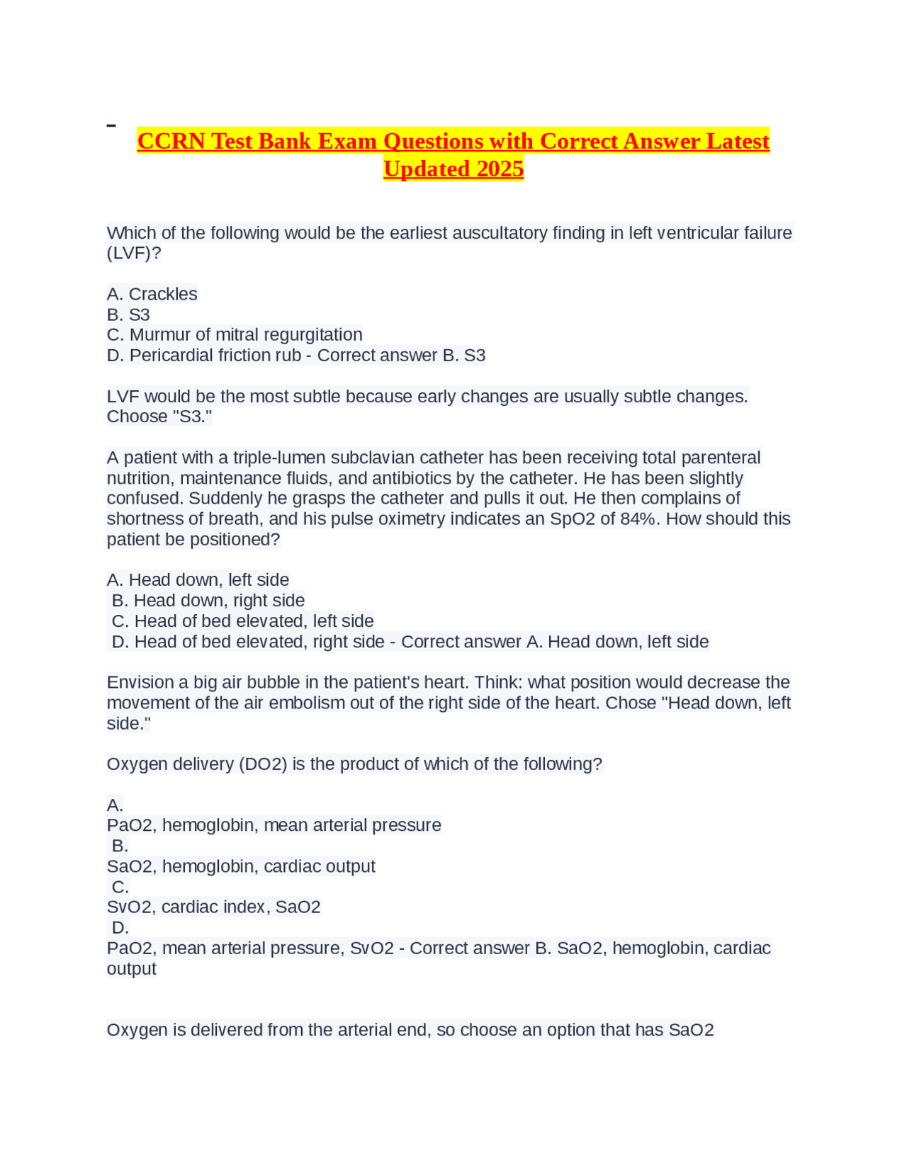 CCRN Test Bank Exam Questions with Correct Answer Latest Updated 2025 ...