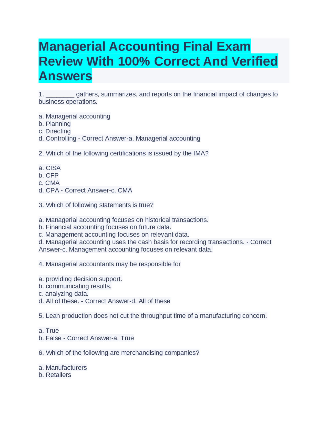 Managerial Accounting Final Exam Review With 100% Correct And Verified ...