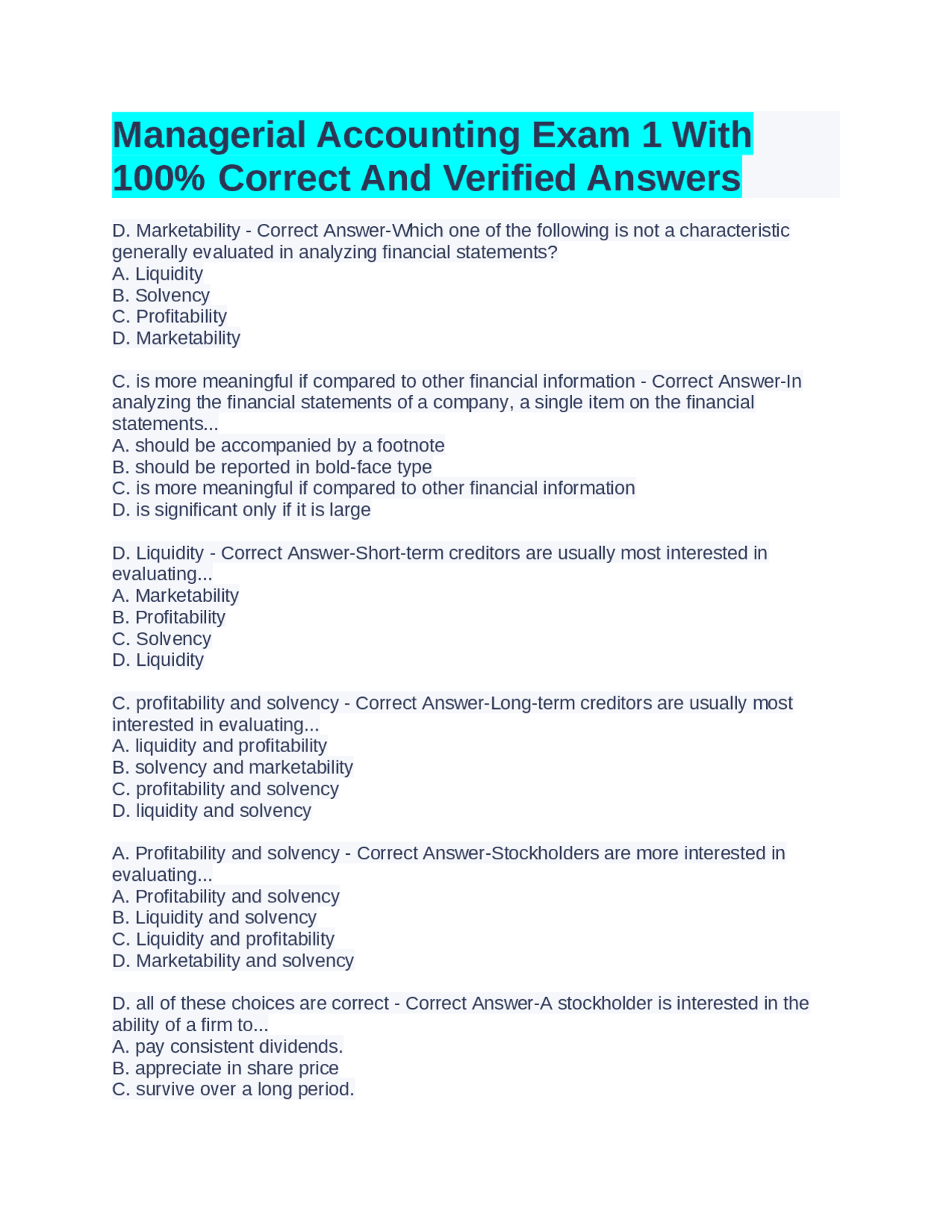 Managerial Accounting Exam 1 With 100% Correct And Verified Answers ...