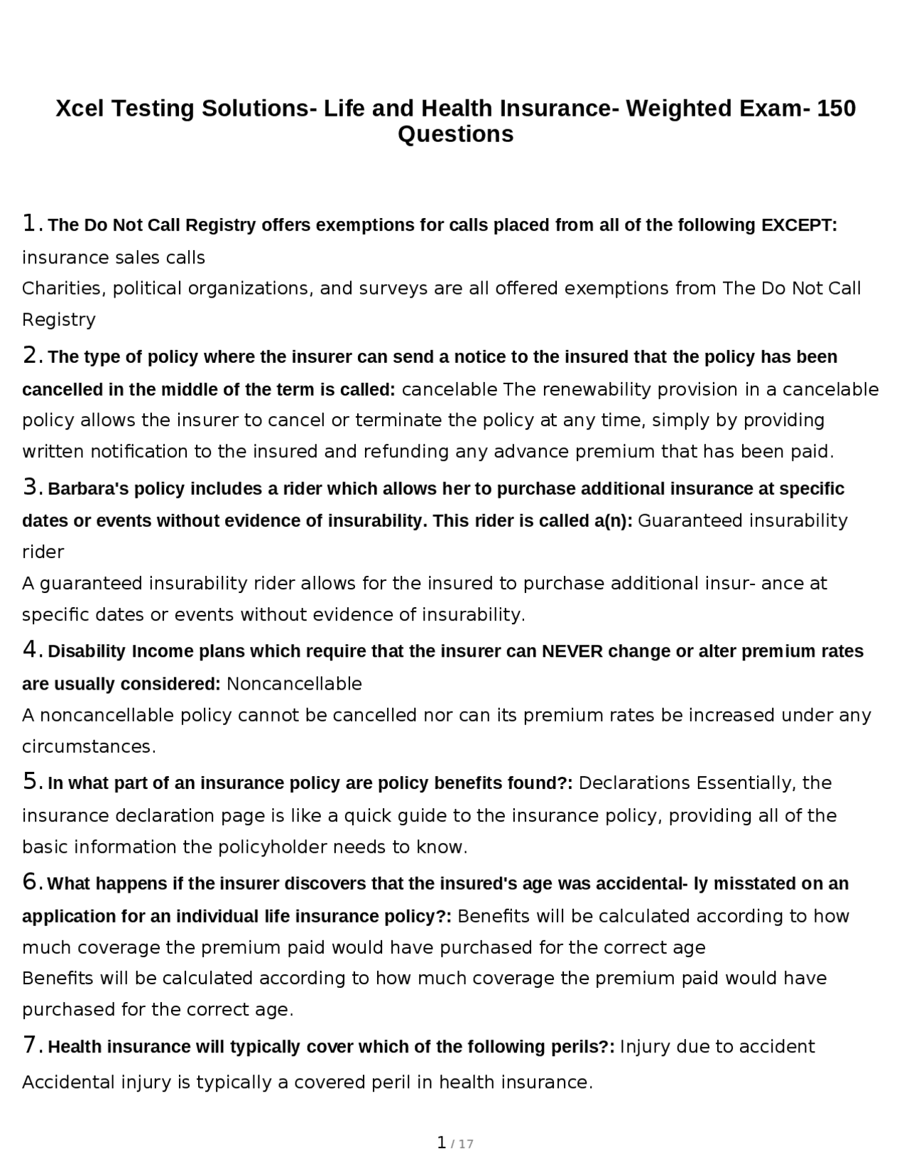 Xcel Testing Solutions- Life and Health Insurance- Weighted Exam- 150 ...