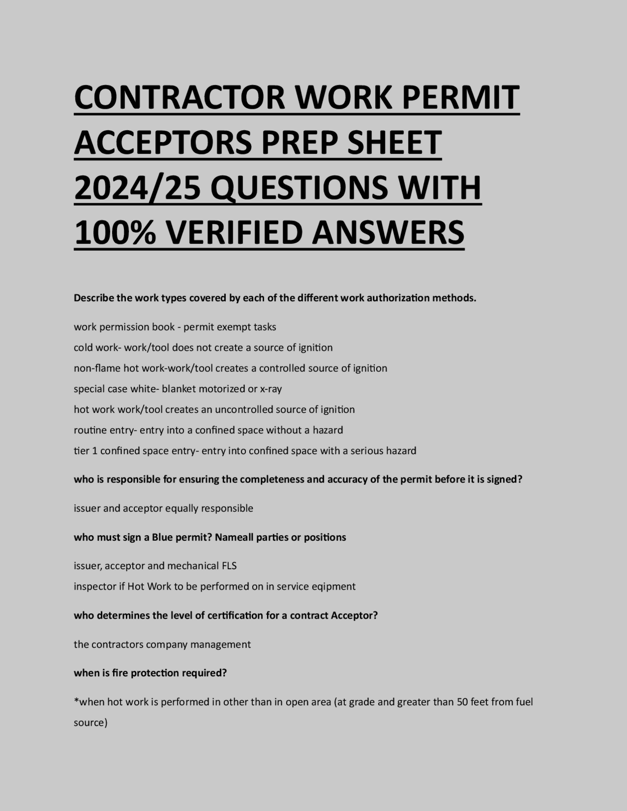 CONTRACTOR WORK PERMIT ACCEPTORS PREP SHEET 2024/25 QUESTIONS WITH 100% ...