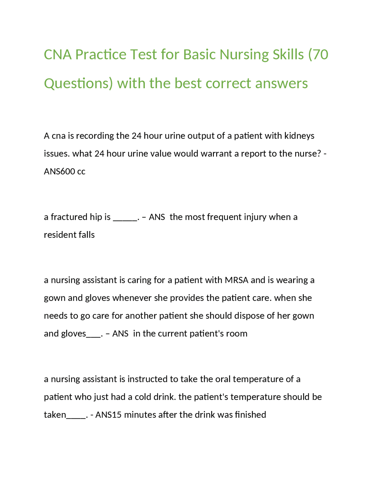 CNA Practice Test for Basic Nursing Skills (70 Questions) with the best ...