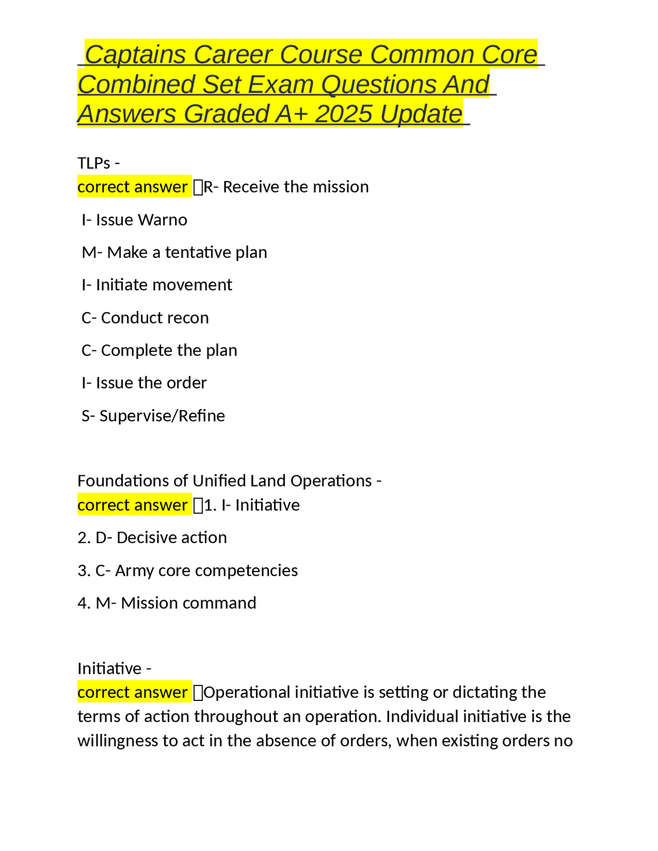 Captains Career Course Common Core Combined Set Exam Questions And Answers Graded A 2025