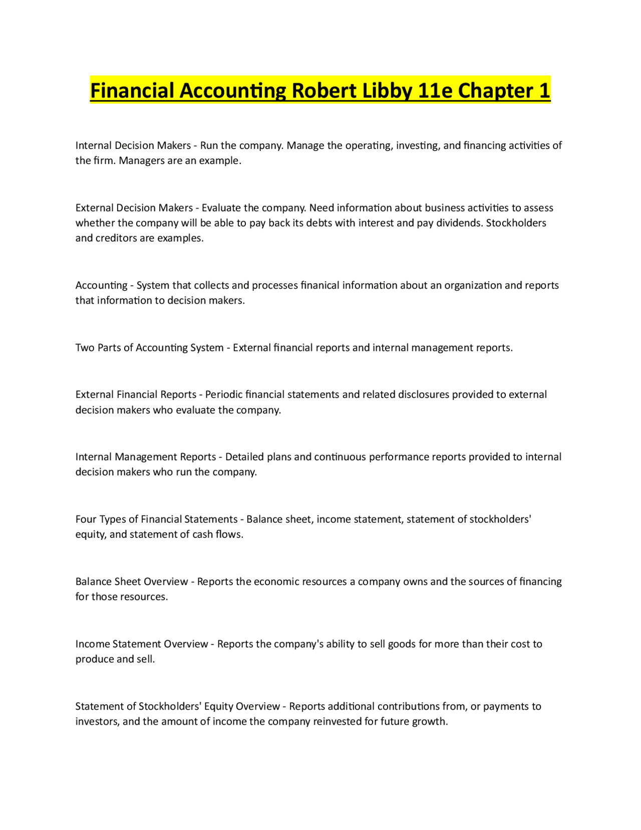 Financial Accounting Robert Libby 11e Chapter 1 | Exams Advanced ...