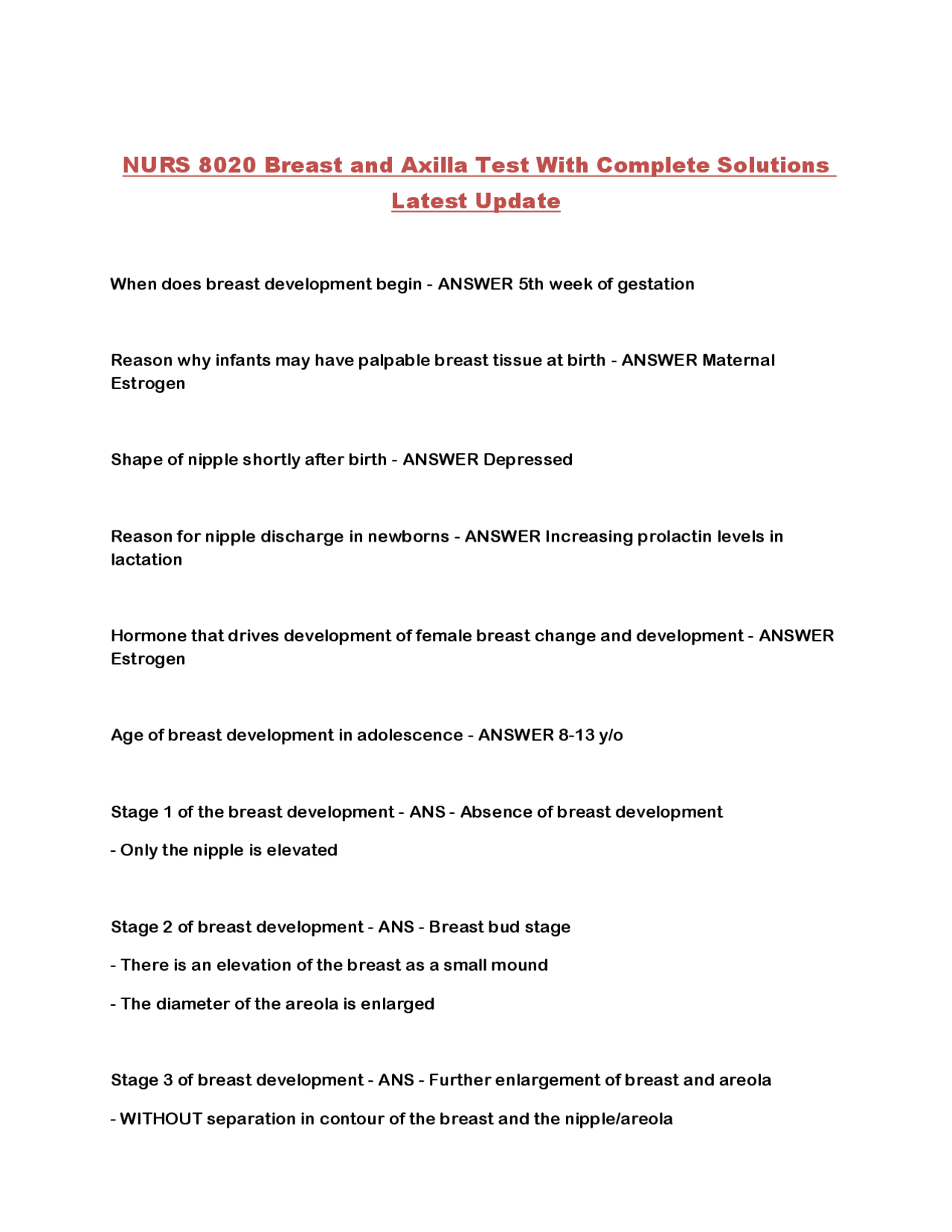 NURS 8020 Breast and Axilla Test With Complete Solutions Latest Update ...