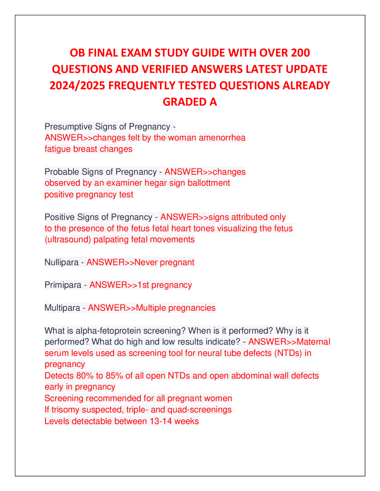 OB FINAL EXAM STUDY GUIDE WITH OVER 200 QUESTIONS AND VERIFIED ANSWERS ...