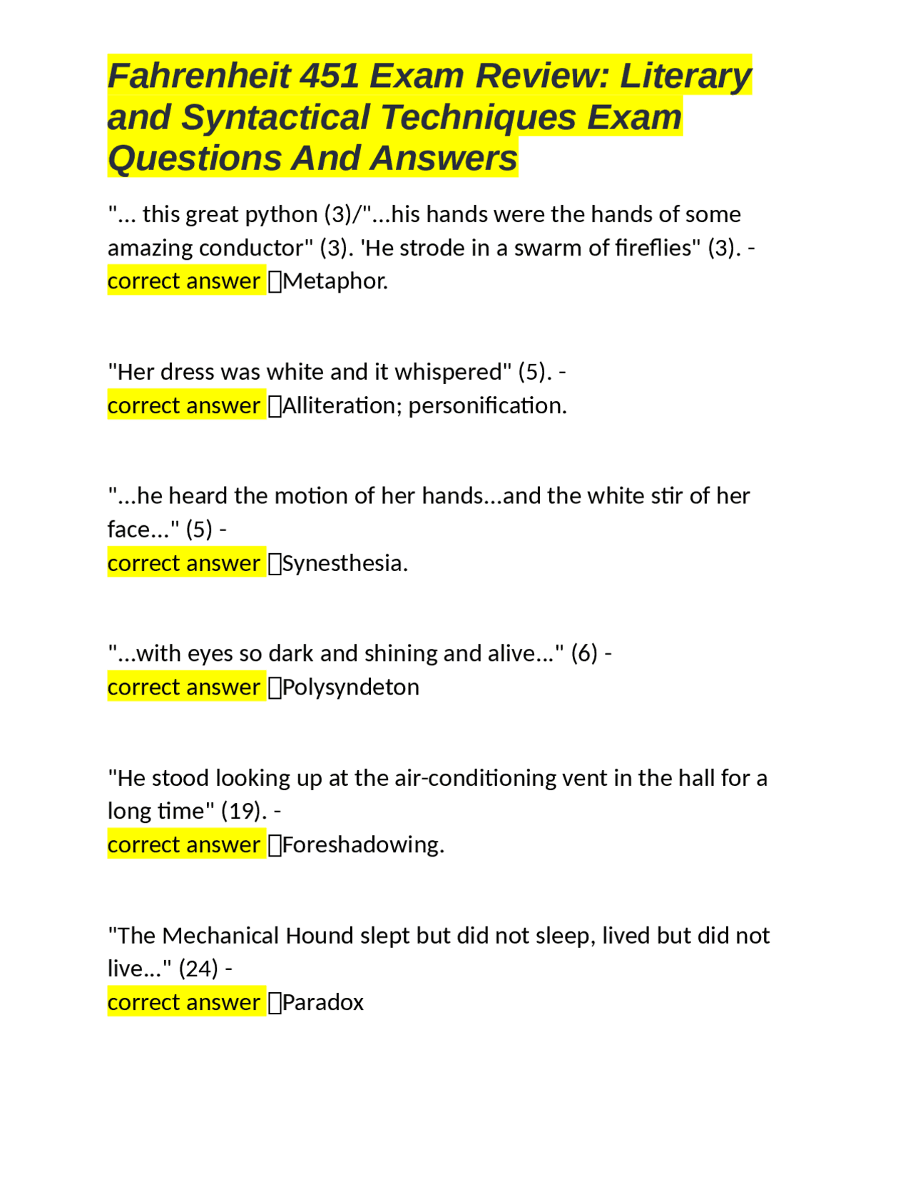 Fahrenheit 451 Exam Review: Literary and Syntactical Techniques Exam ...