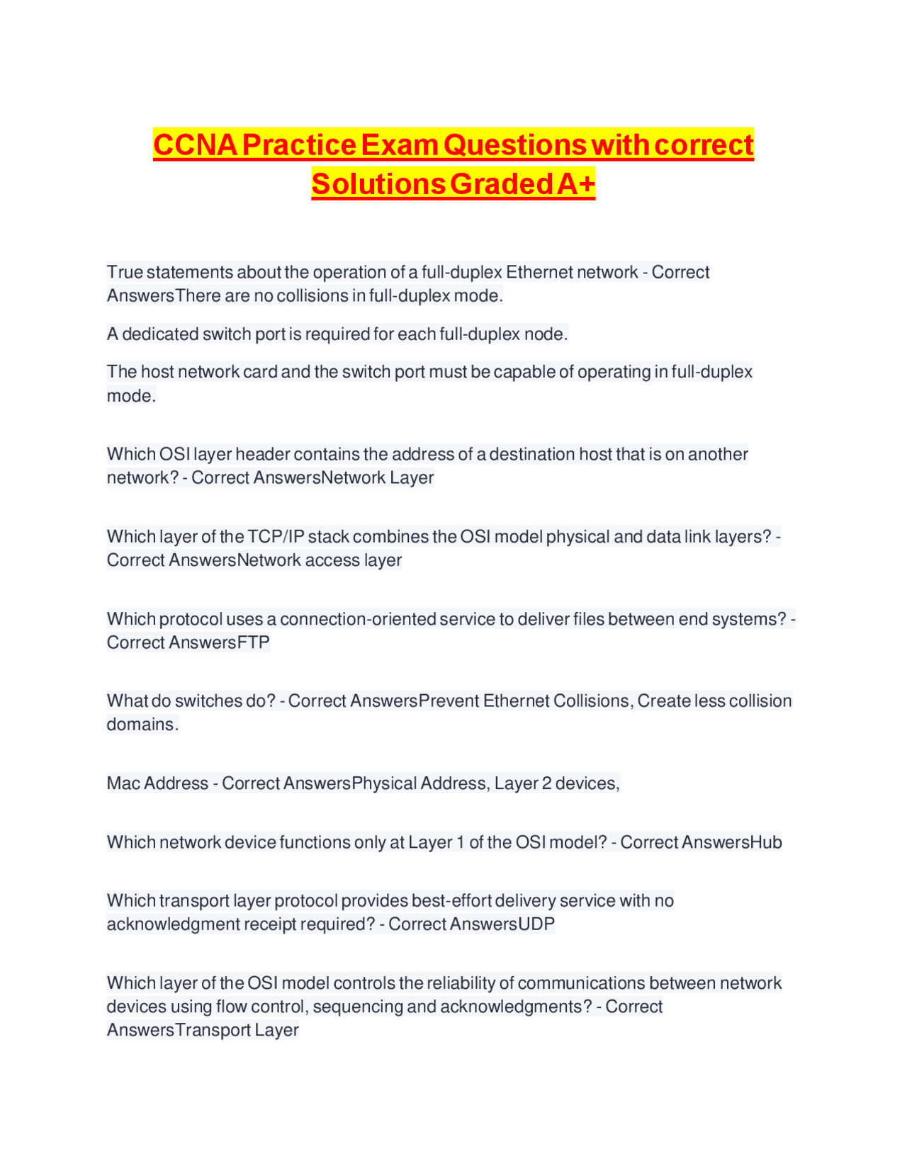 CCNA Practice Exam Questions with correct Solutions Graded A+ | Exams ...