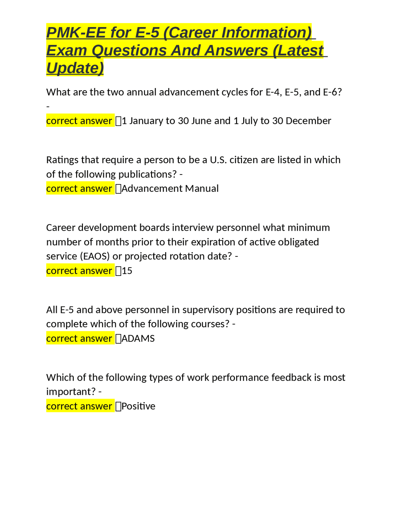 PMK-EE for E-5 (Career Information) Exam Questions and Answers | Exams ...