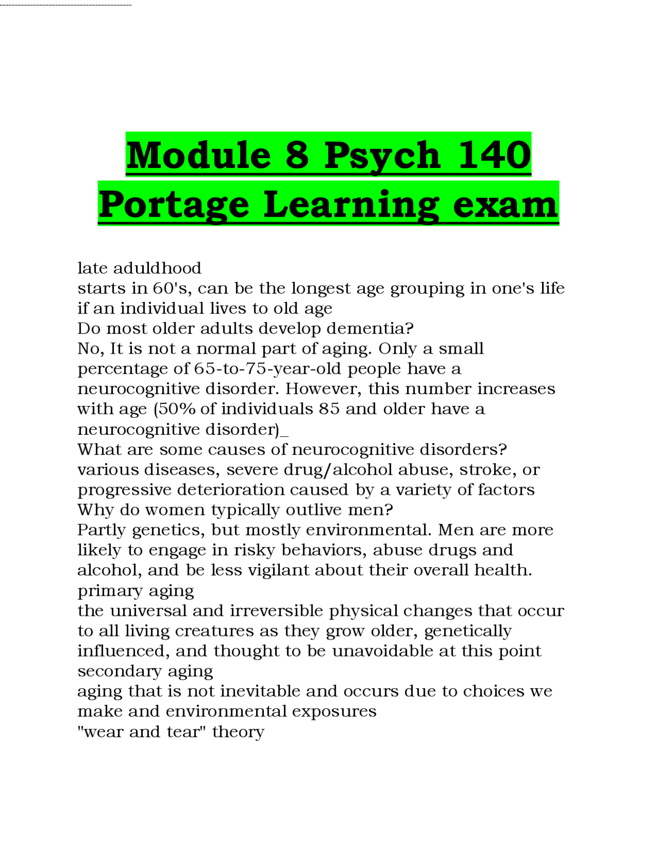 Module 8 Psych 140 Portage Learning exam | Exams Nursing | Docsity