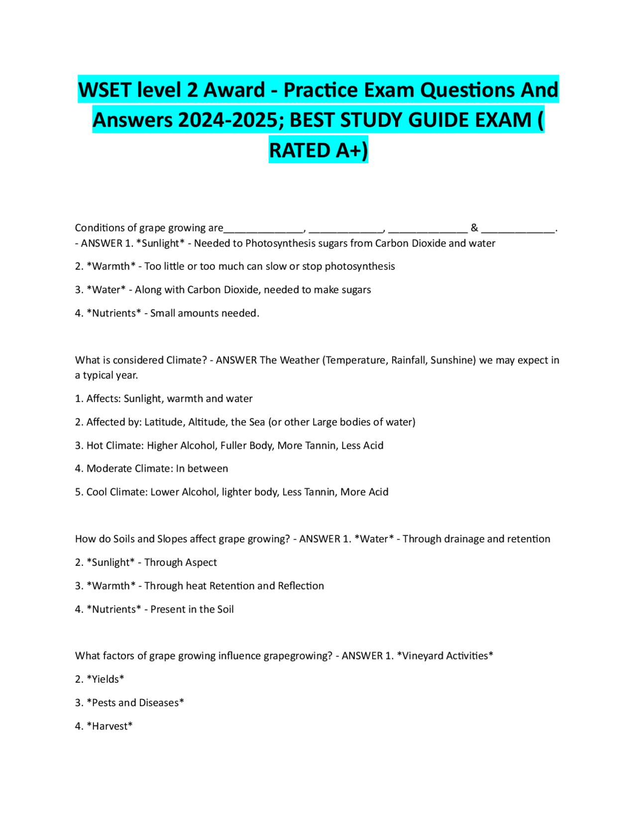 WSET level 2 Award - Practice Exam Questions And Answers 2024-2025 ...