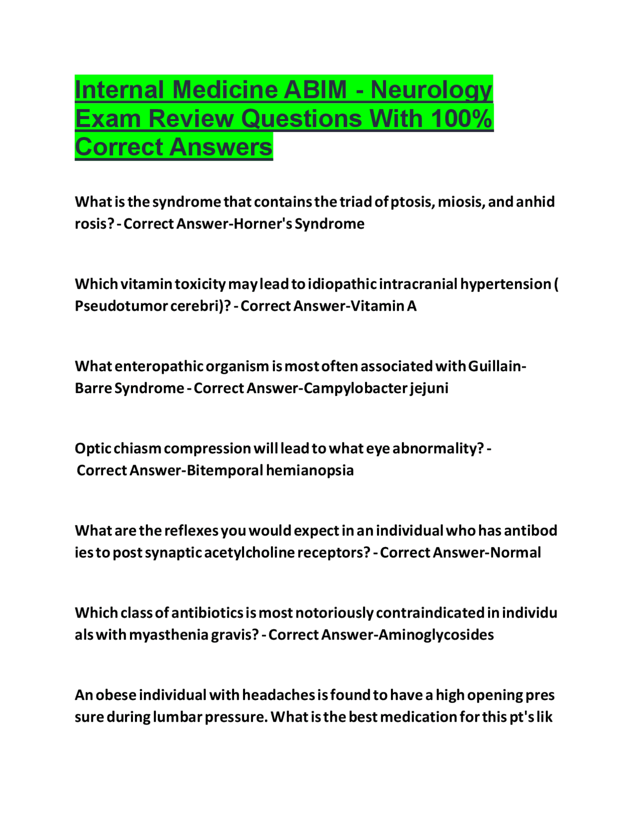 Internal Medicine ABIM - Neurology Exam Review Questions With 100% ...