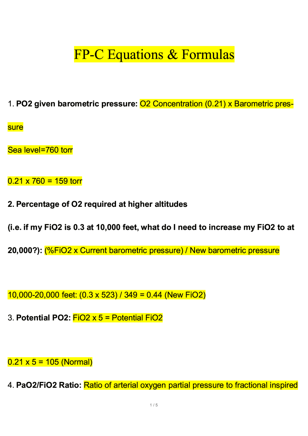 FP-C Equations & Formulas | Exams Differential Equations | Docsity