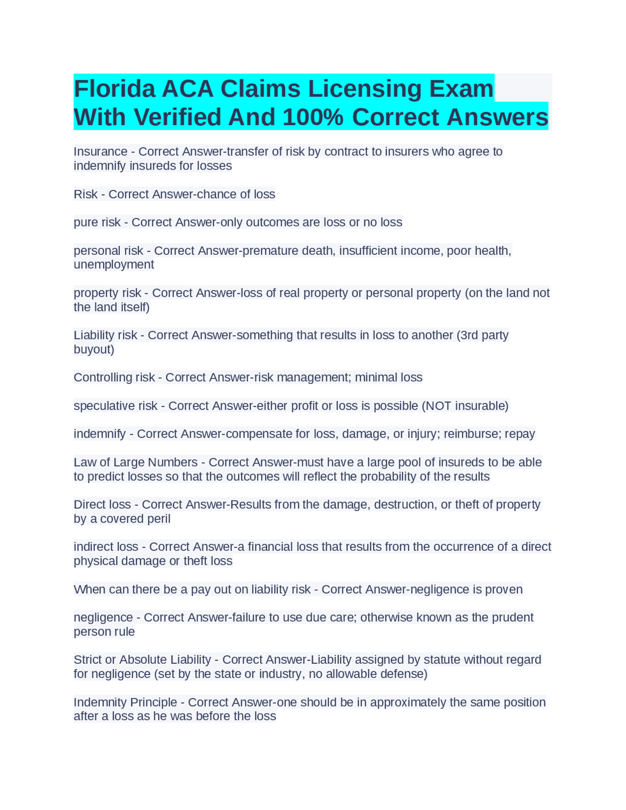Florida ACA Claims Licensing Exam With Verified And 100% Correct ...