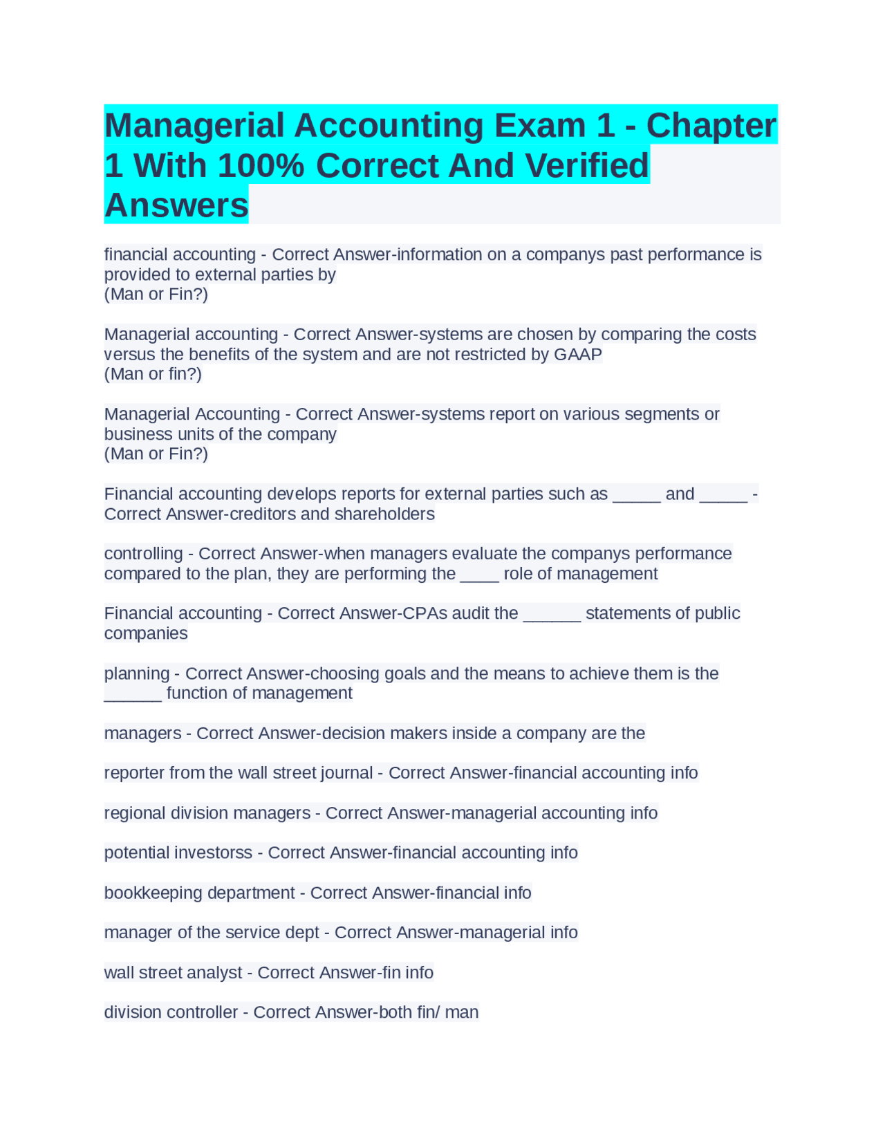 Managerial Accounting Exam 1 - Chapter 1 With 100% Correct And Verified ...